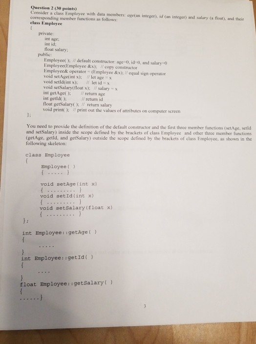 Solved Question 2 (30 points) Consider a class Employee with | Chegg.com