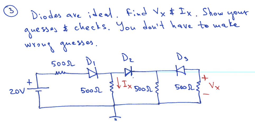 Solved (3) Diodes ave ideal. Find Vx =Ix. Show your guesses | Chegg.com
