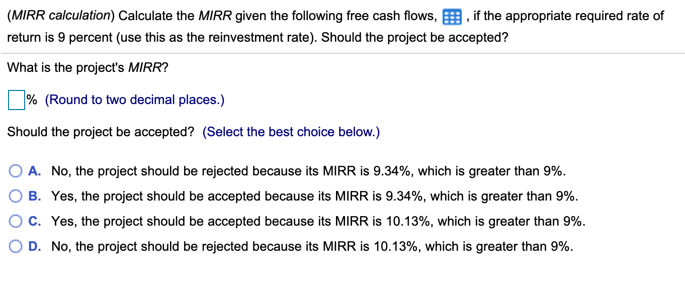 Solved (MIRR calculation) Calculate the MIRR given the | Chegg.com