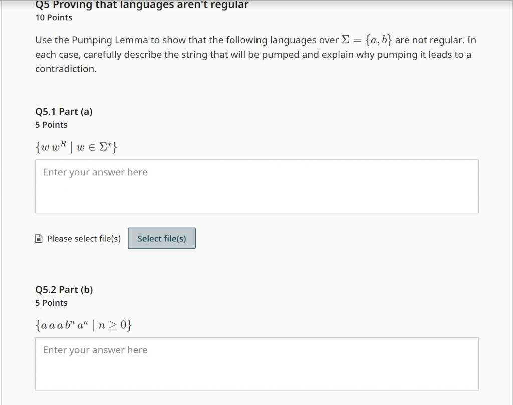 Solved Q5 Proving that languages aren't regular 10 Points | Chegg.com