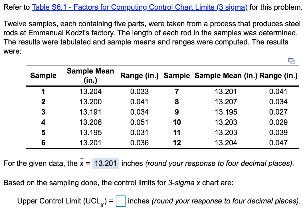 Solved Refer to Table 56.1 - Factors for Computing Control | Chegg.com