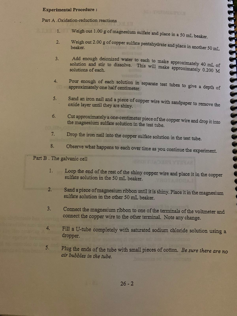 Solved Experimental Procedure : Part A . Oxidation-reduction | Chegg.com
