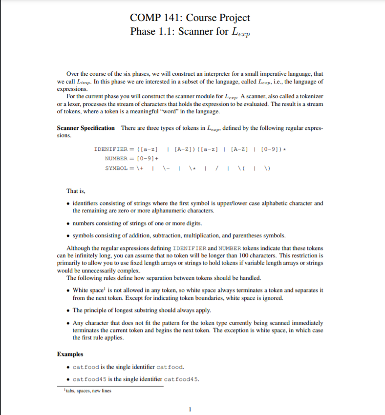 Solved COMP 141: Course Project Phase 1.1: Scanner for Lexp | Chegg.com