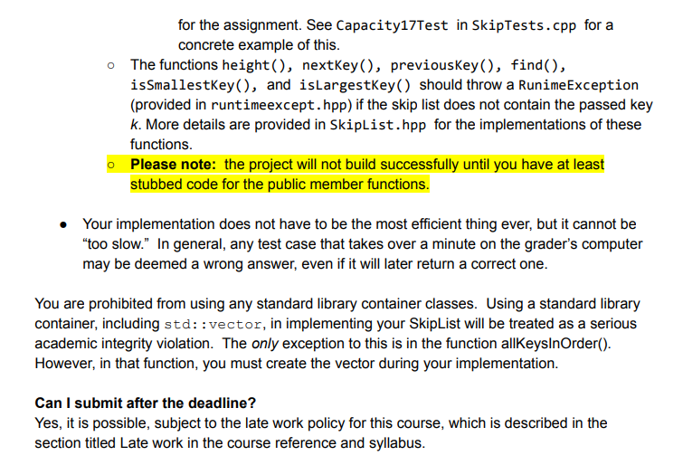 Iirements Fill in SkipList.hpp Your implementation | Chegg.com