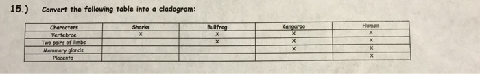 Solved 15.) Convert the following table into a cladogram | Chegg.com