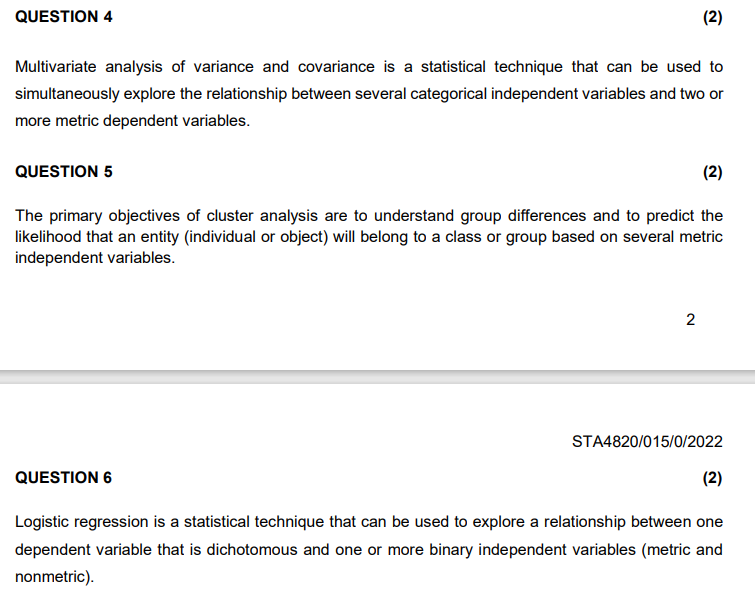 Solved Multivariate analysis of variance and covariance is a | Chegg.com