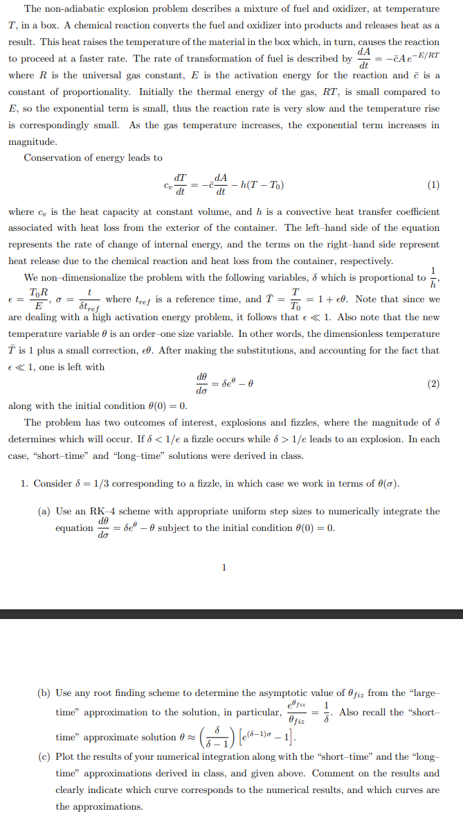 Solved -Ẽ4e-E/RT The non-adiabatic explosion problem | Chegg.com