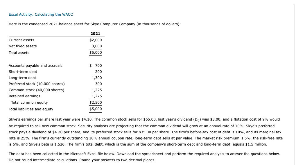 Solved Excel Activity: Calculating the WACC Here is the | Chegg.com