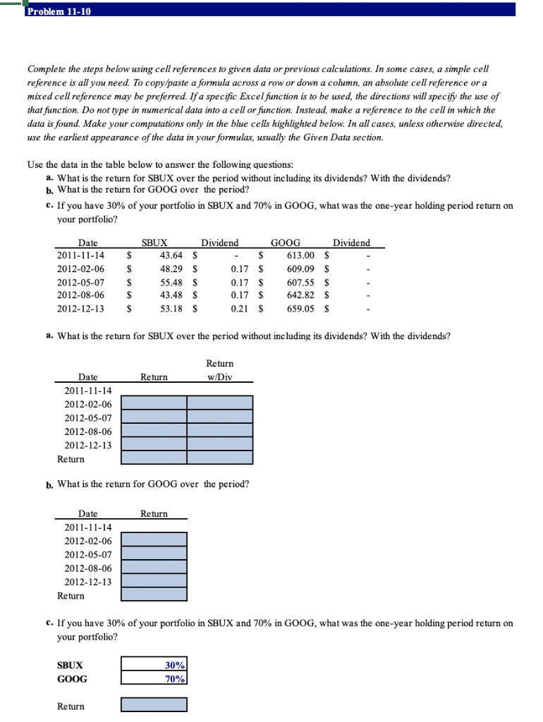 Problem 11-10 Complete the steps below using cell | Chegg.com