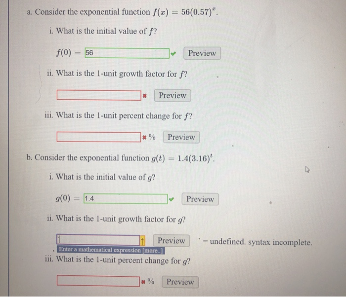 Solved a. Consider the exponential function f(x) = 56(0.57)" | Chegg.com