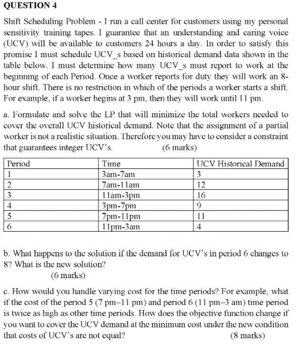 Solved QUESTION 4 Shift Scheduling Problem - I run a call | Chegg.com