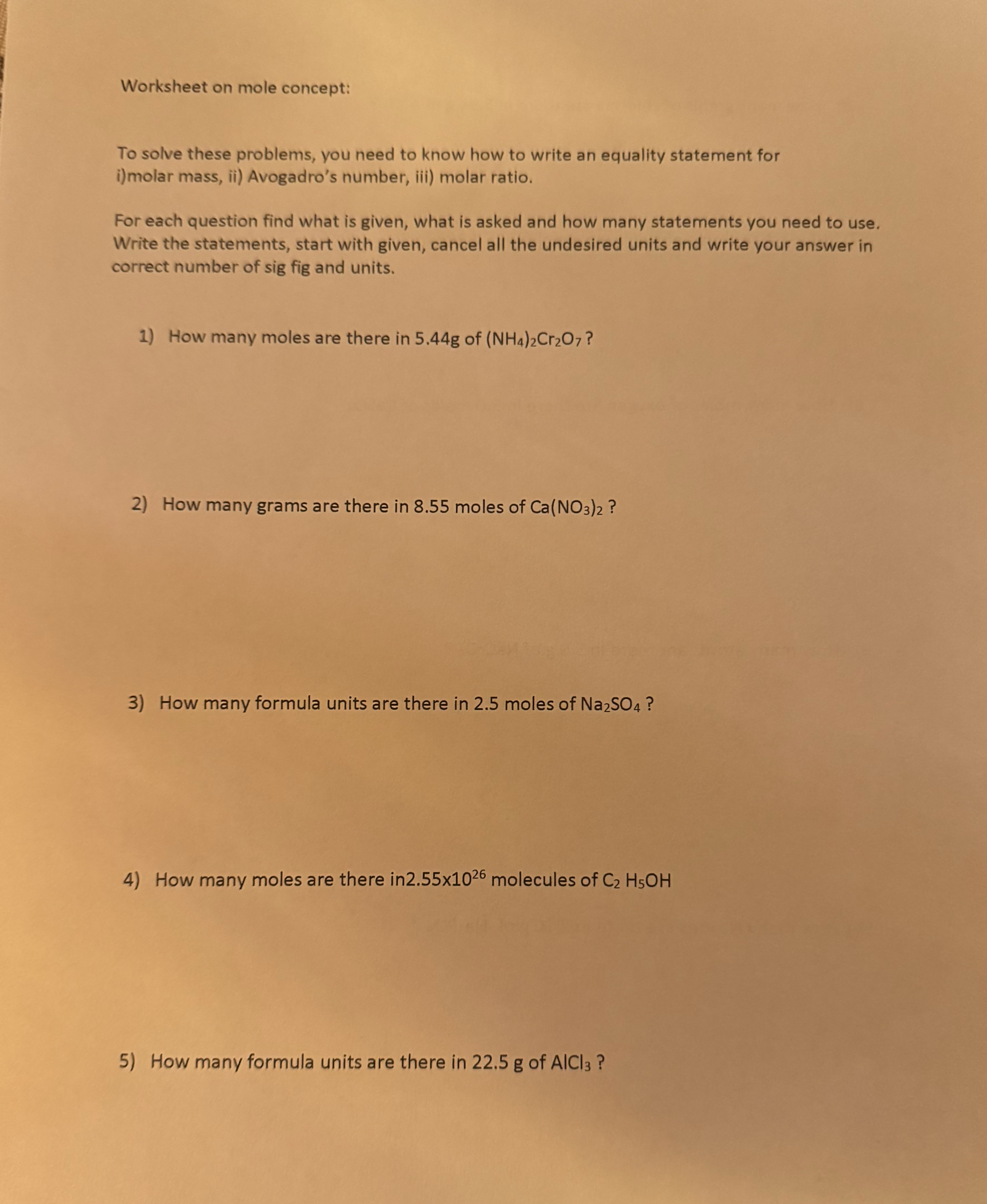 Solved Worksheet on mole concept: To solve these problems, | Chegg.com