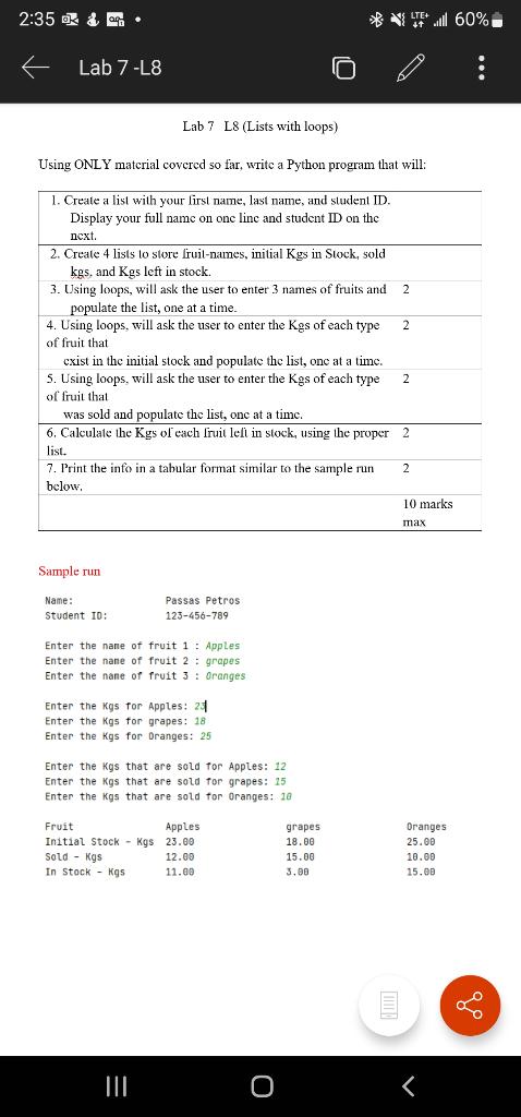 Solved Lab 7 L8 (Lists with loops) Using ONLY matcrial | Chegg.com
