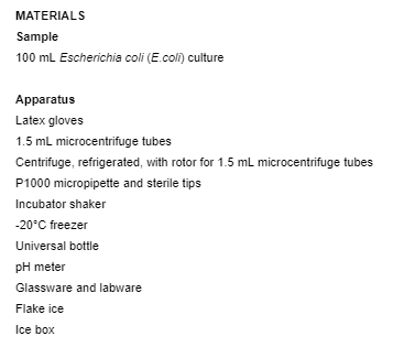 Solved MATERIALS Sample 100 mL Escherichia coli (E.coli) | Chegg.com