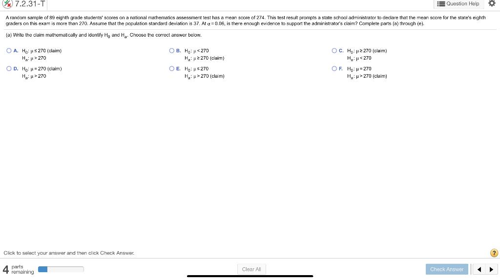 Solved 7.2.31-T Question Help A random sample of 89 eighth | Chegg.com