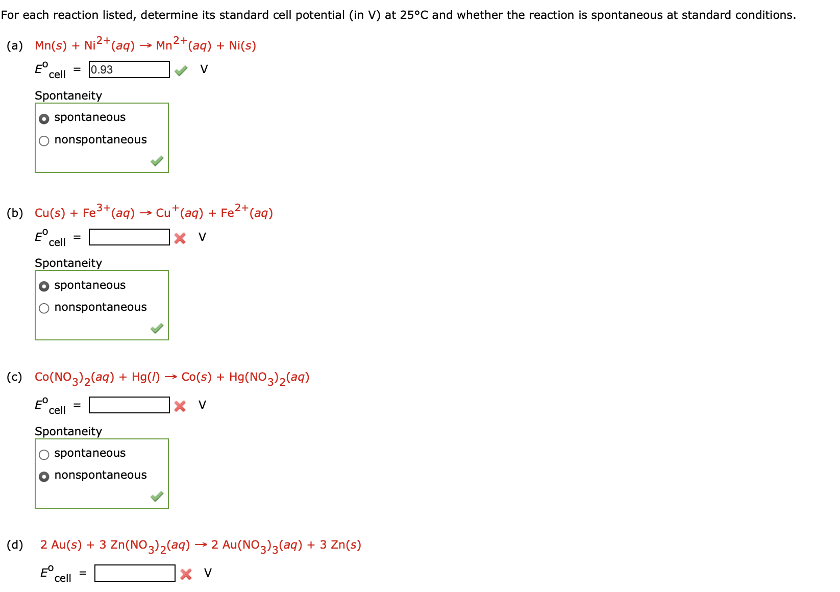 Solved For Each Reaction Listed Determine Its Standard Cell