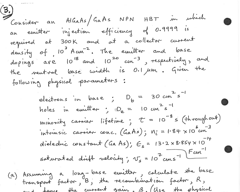 Consider an AlGaAs/ GaAs NPN HBT in which an emitter | Chegg.com