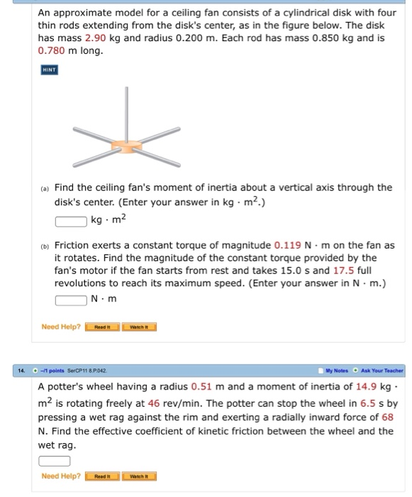 Solved An approximate model for a ceiling fan consists of a | Chegg.com