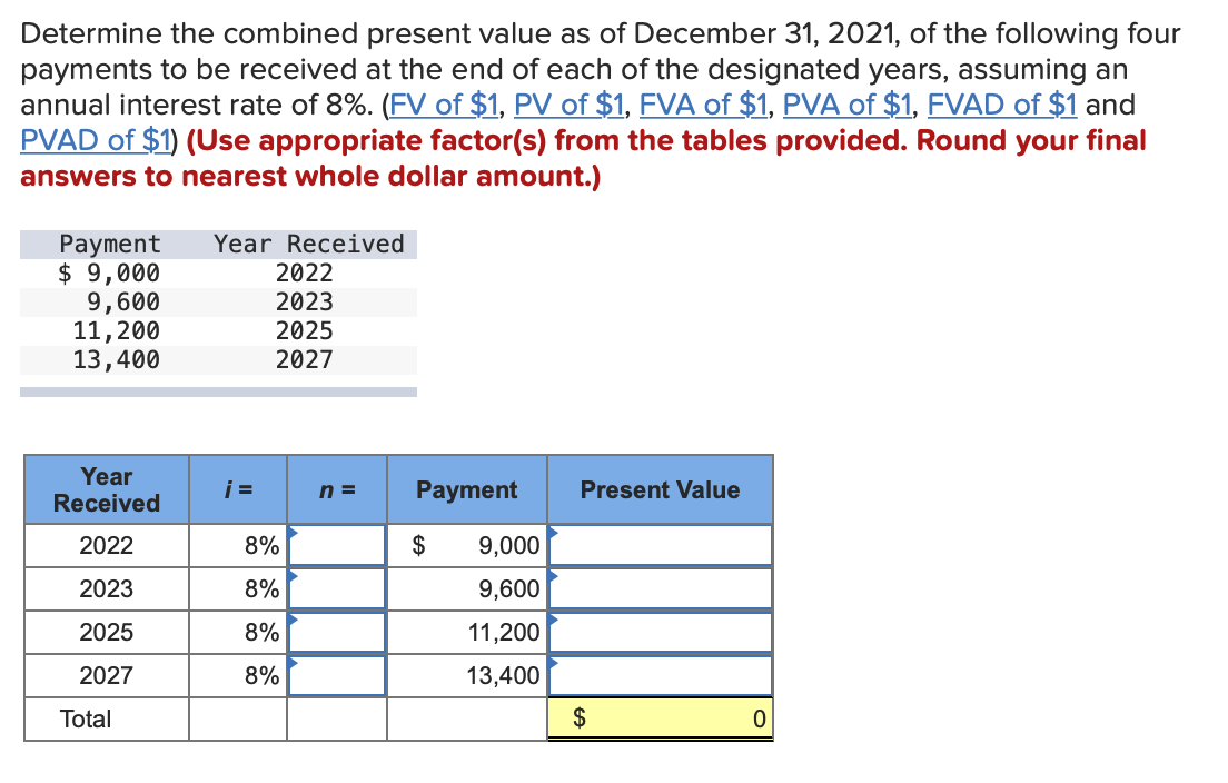 Solved Determine the combined present value as of December | Chegg.com