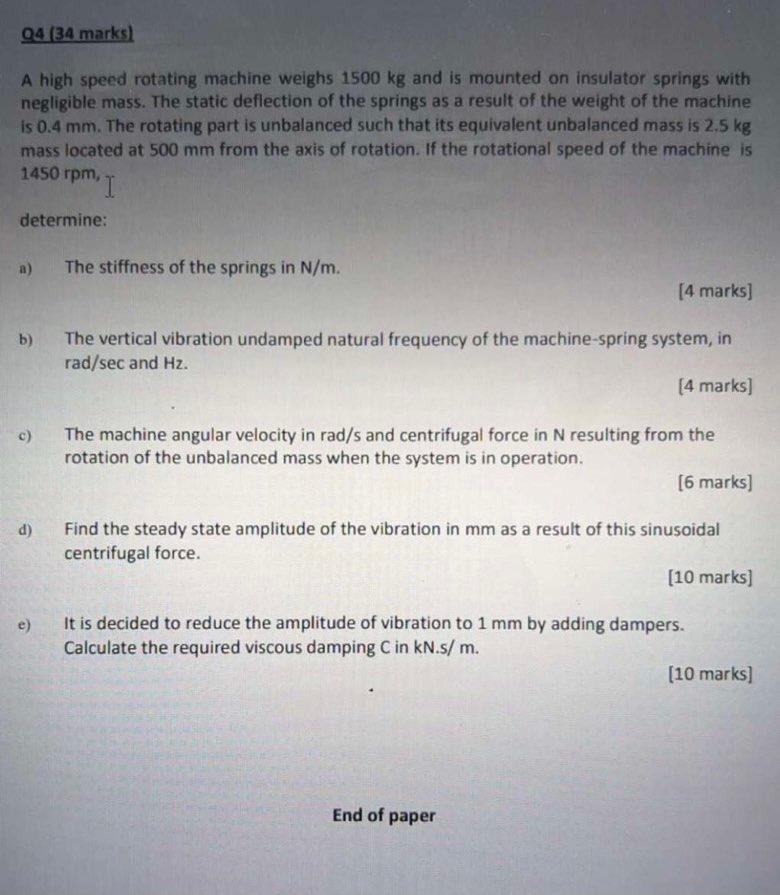 Solved 04 (34 marks) A high speed rotating machine weighs | Chegg.com