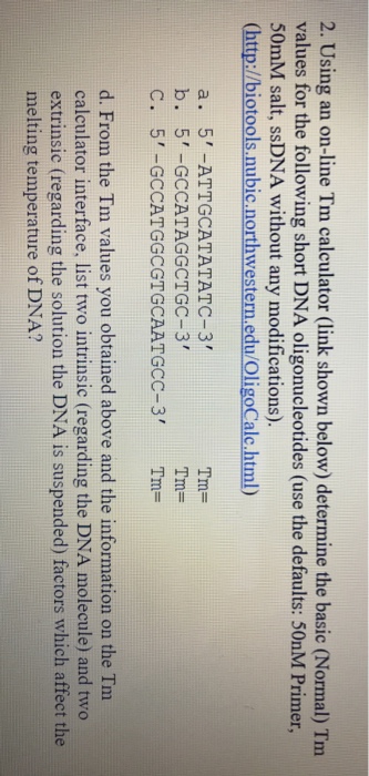 Solved 2. Using an on-line Tm calculator (link shown below) | Chegg.com
