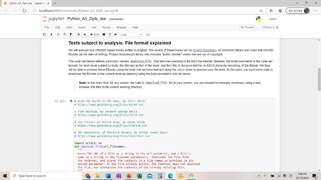 Python A3_Zipfs_law - Jupyter X + E Not syncing o | Chegg.com