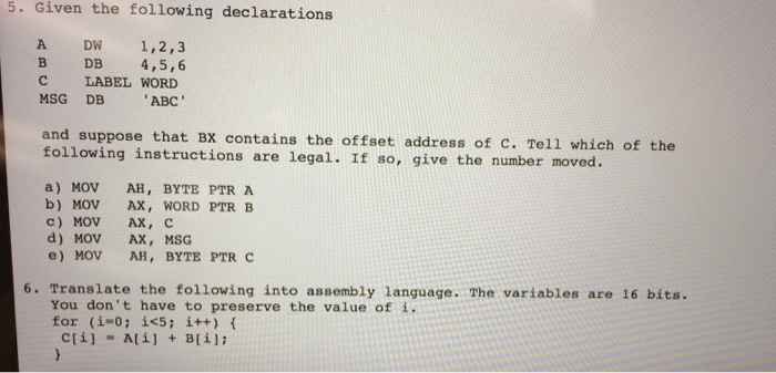 Solved 5. Given the following declarations A DW 1,2,3 B DB | Chegg.com