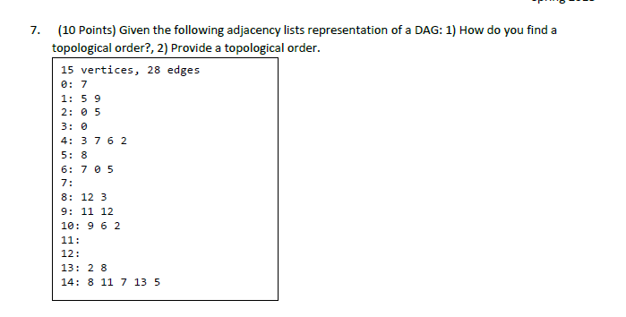 Solved 7. (10 Points) Given the following adjacency lists | Chegg.com
