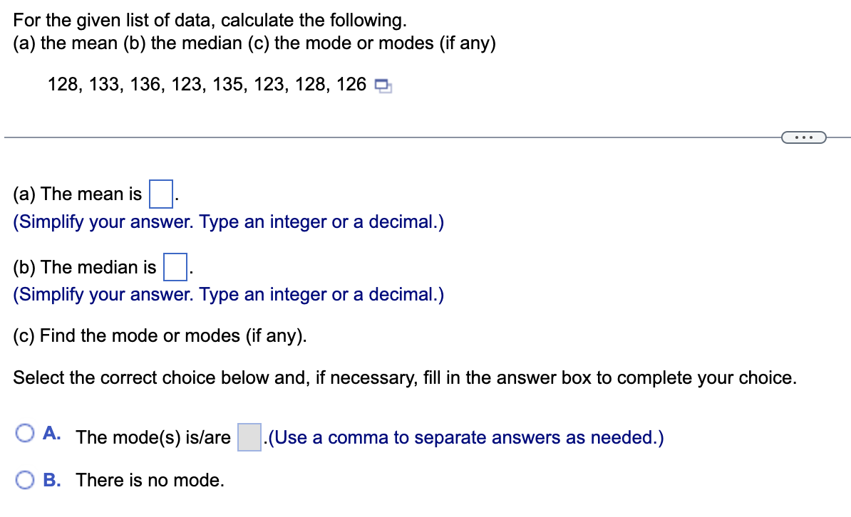 Solved For the given list of data, calculate the following. | Chegg.com