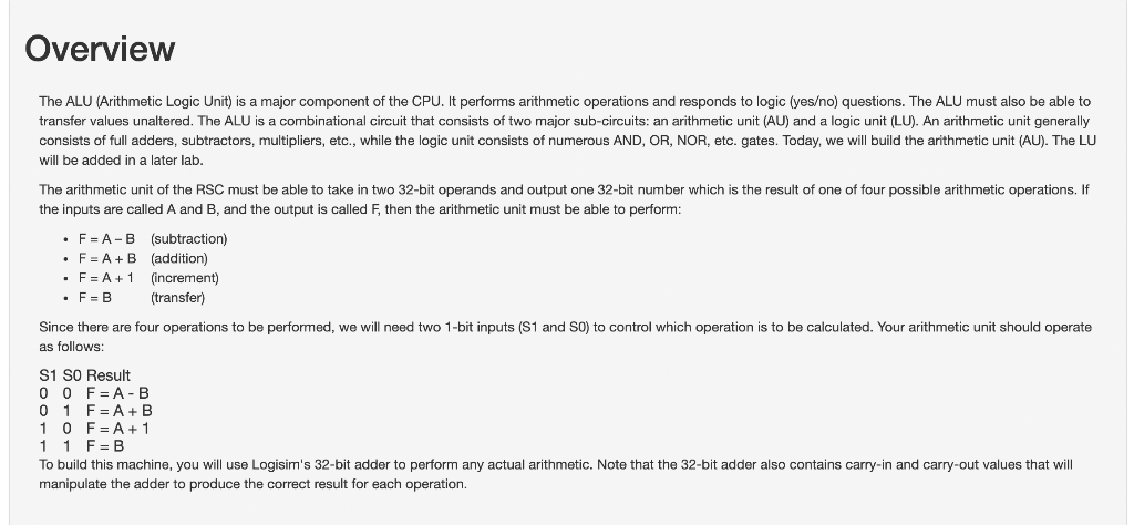 Overview The ALU (Arithmetic Logic Unit) is a major | Chegg.com