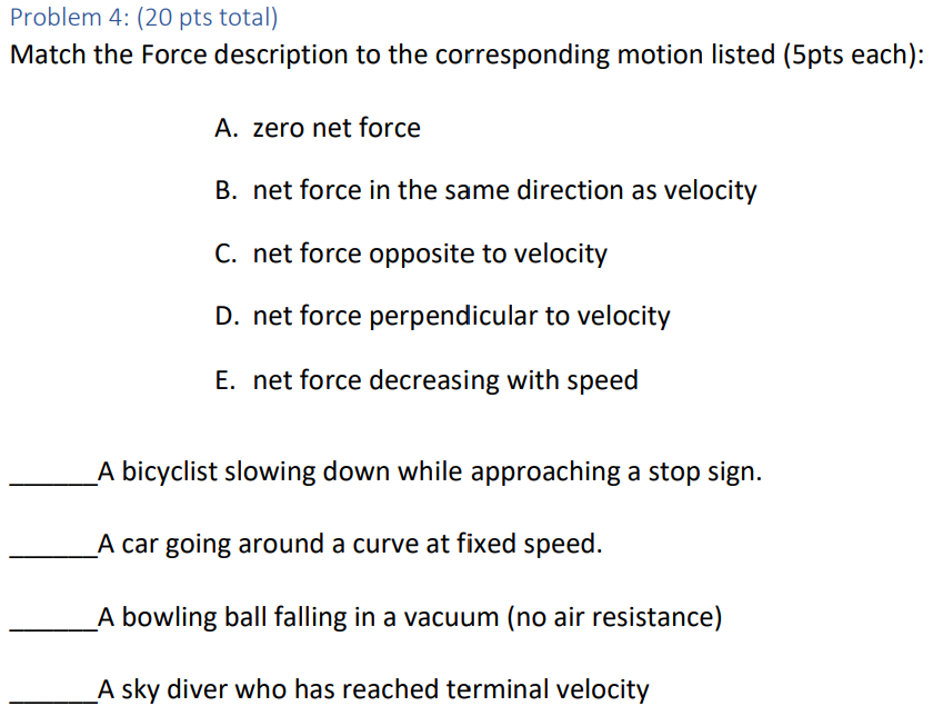 Solved Problem 4: (20 pts total) Match the Force description | Chegg.com