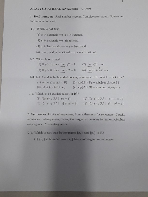 Solved ANALYSIS A: REAL ANALYSIS 1. Real numbers: Real | Chegg.com