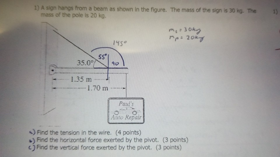 Solved 1) A sign hangs from a beam as shown in the figure. | Chegg.com