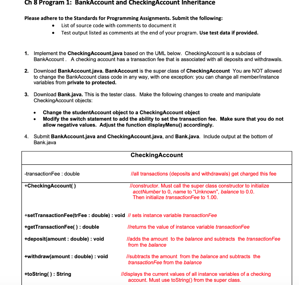 Solved Ch 8 Program 1: BankAccount and checking Account | Chegg.com