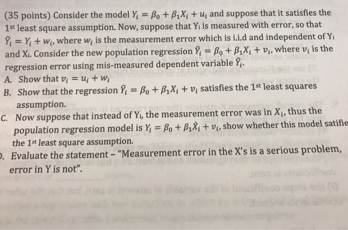 Solved (35 points) Consider the model Y-Po + ßM + ui and | Chegg.com