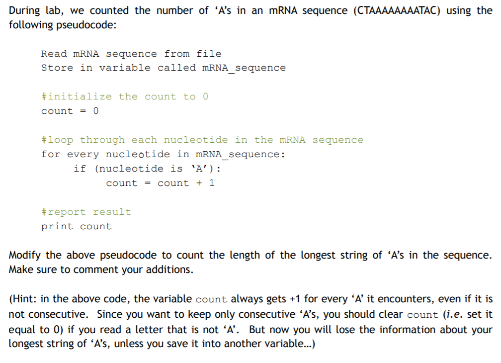 Solved During lab, we counted the number of 'A's in an MRNA | Chegg.com