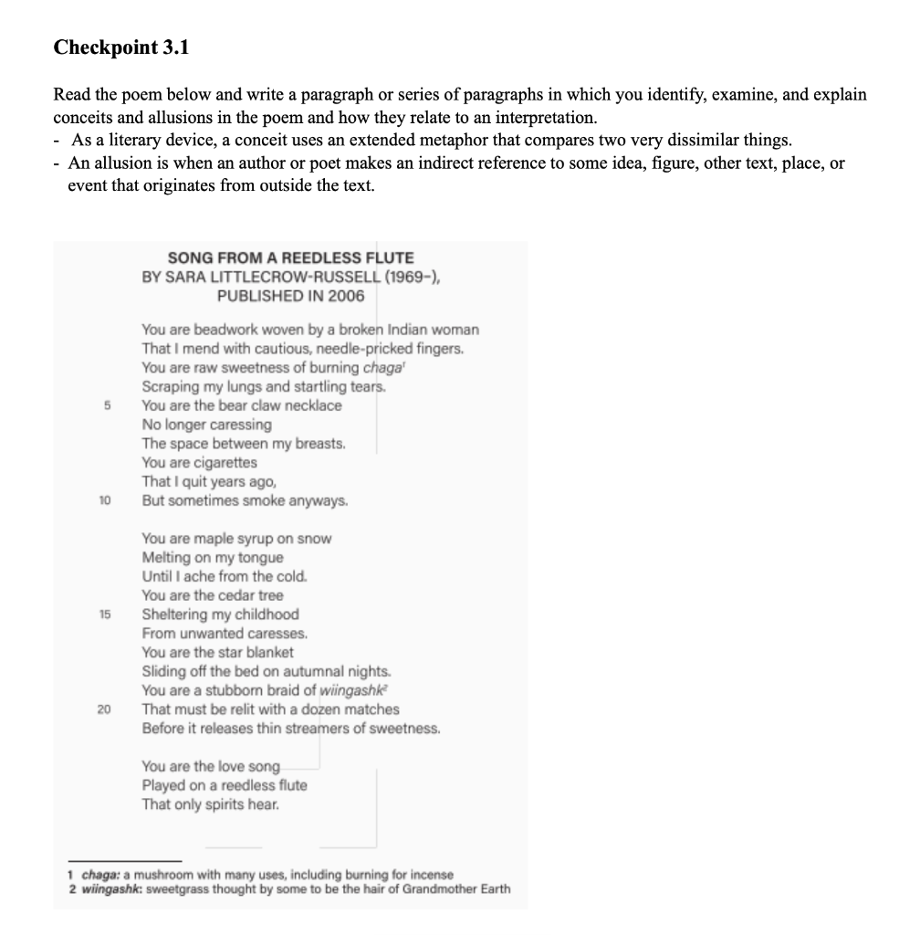 Checkpoint 3.1 Read the poem below and write a | Chegg.com