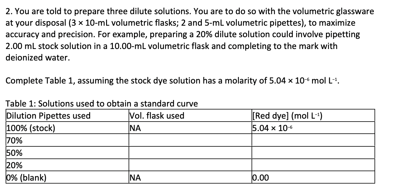 Solved 2. You are told to prepare three dilute solutions. | Chegg.com