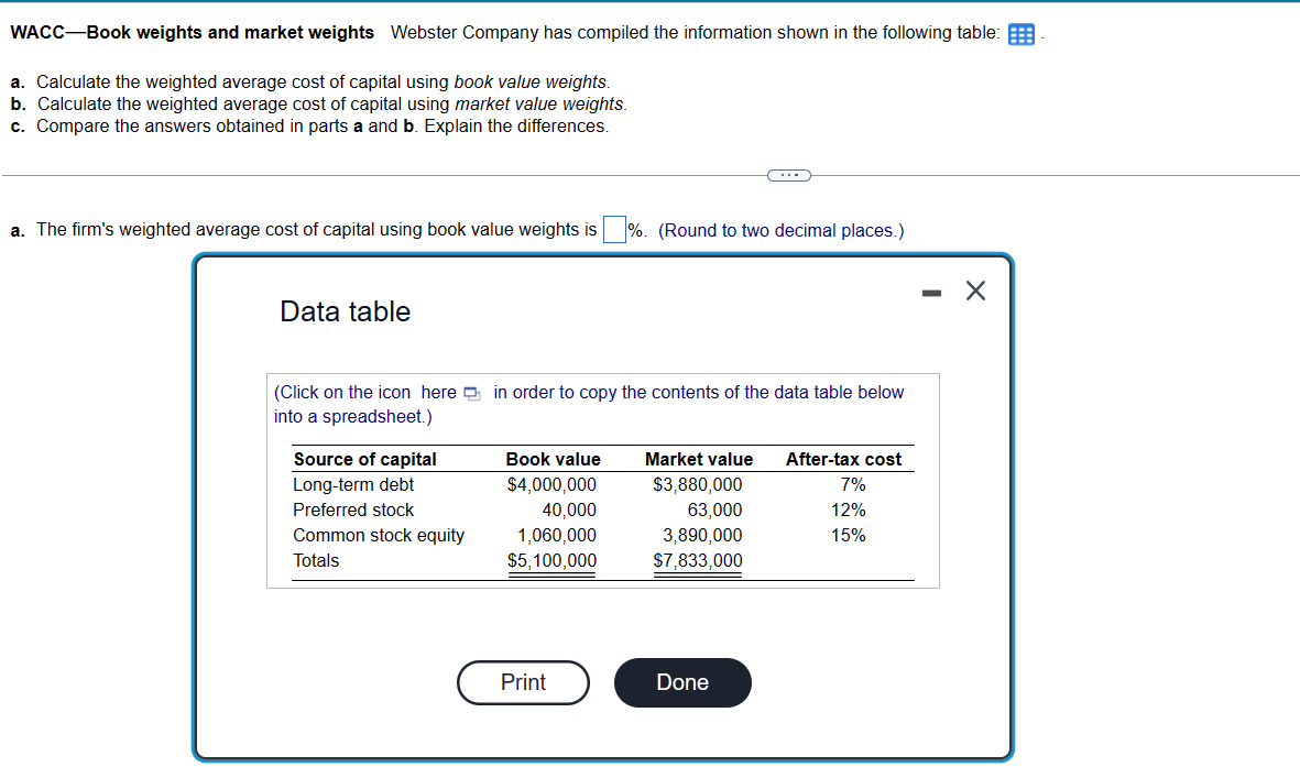 Solved WACC-Book weights and market weights Webster Company | Chegg.com