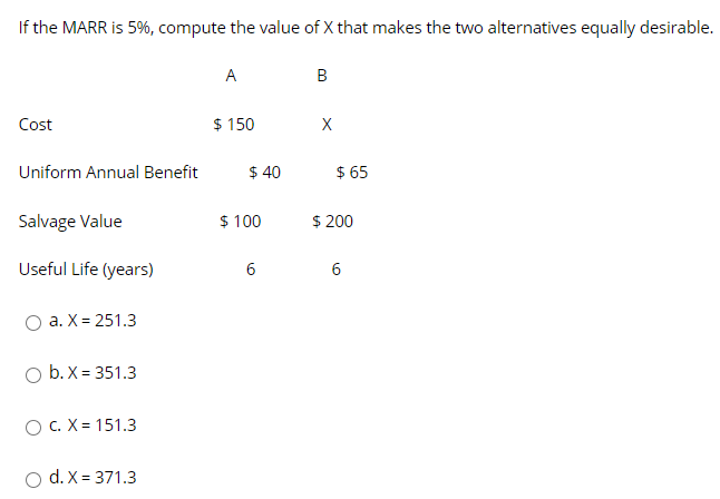 Solved If the MARR is 5%, compute the value of X that makes | Chegg.com
