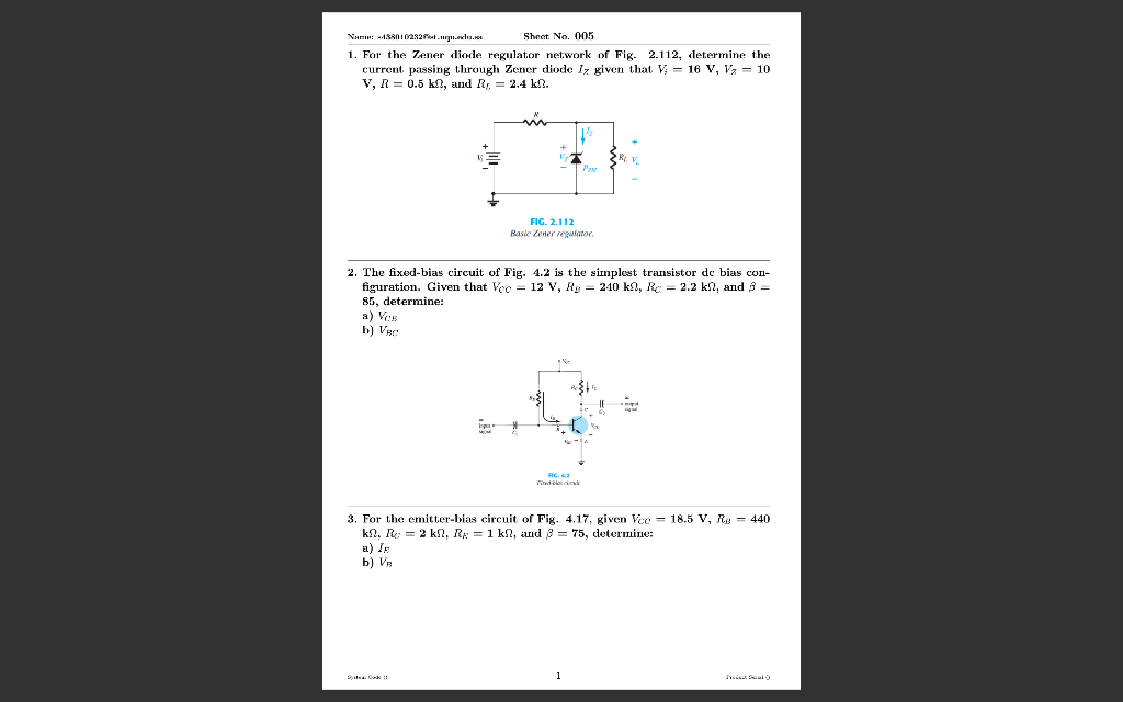 Solved 1. For the Zener diode regulator network of Fig. | Chegg.com