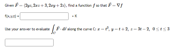 Solved Given vec(F)=(:2yz,2xz+3,2xy+2z:), ﻿find a function f | Chegg.com