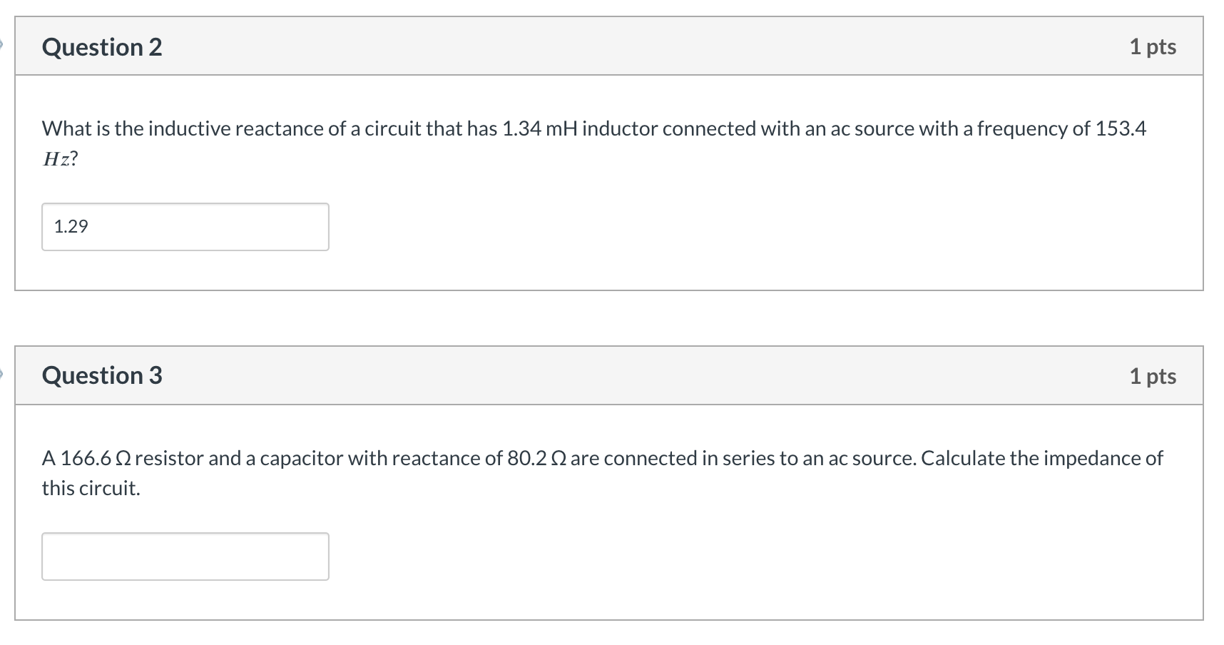 Solved Question 2 1 Pts What Is The Inductive Reactance Of A