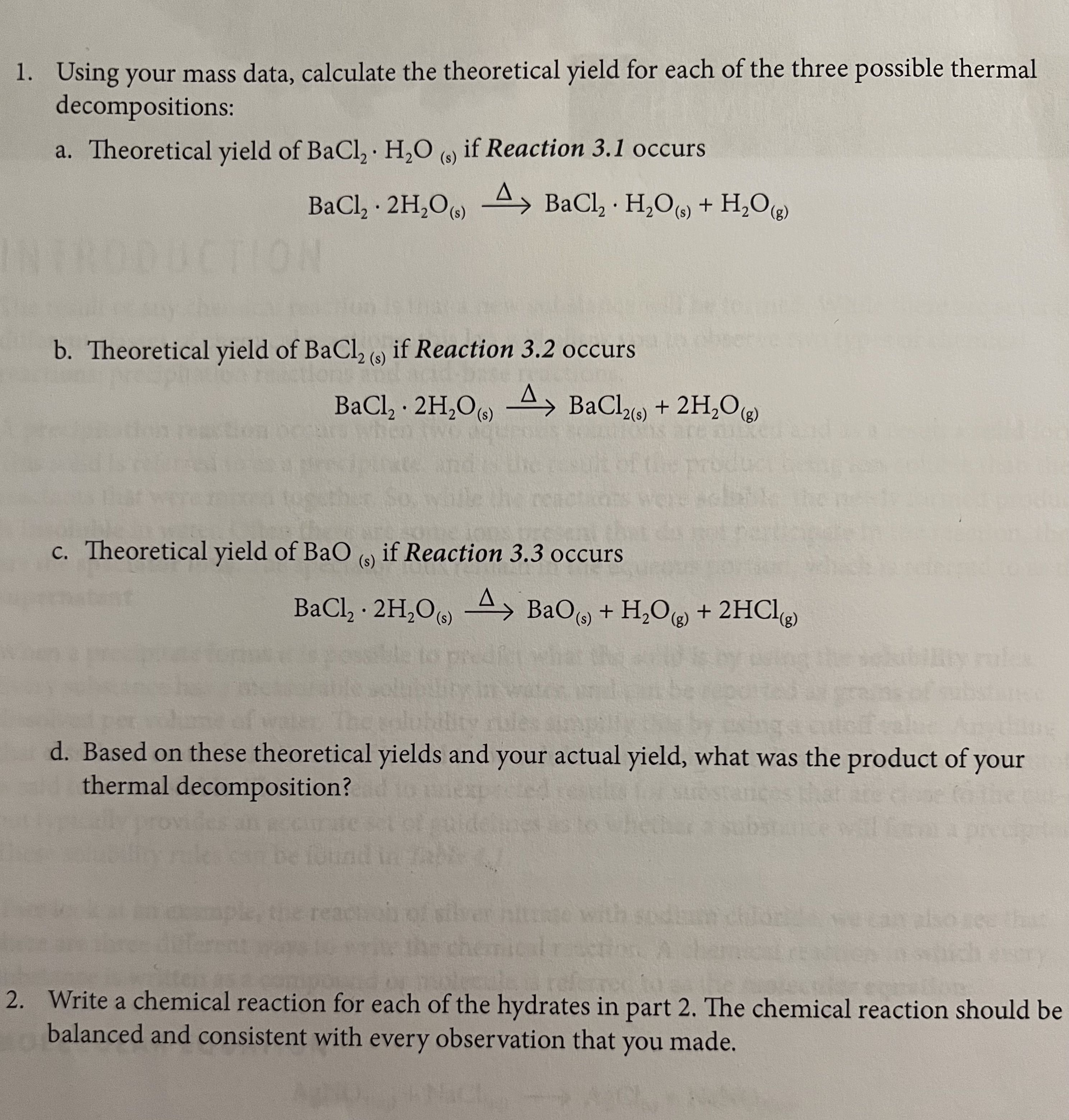 Solved PART I: Thermal Decomposition of BaCl2⋅2H2O. Mass of | Chegg.com