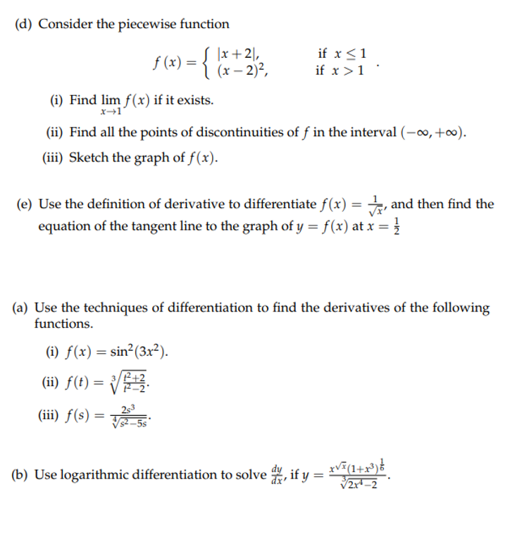 (d) Consider the piecewise function | Chegg.com