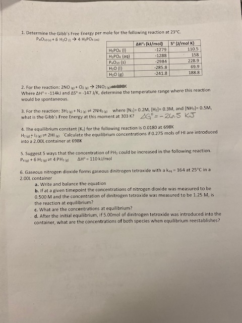 Solved 1. Determine the Gibb's Free Energy per mole for the | Chegg.com