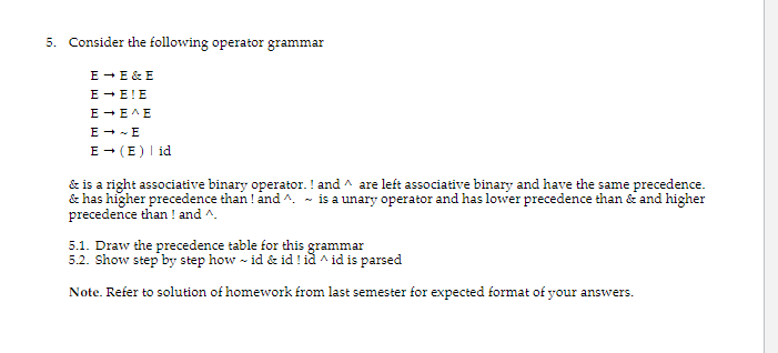 Solved 5. Consider the following operator grammar E - E&E E | Chegg.com