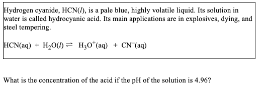 Solved Hydrogen cyanide, HCN(!), is a pale blue, highly | Chegg.com