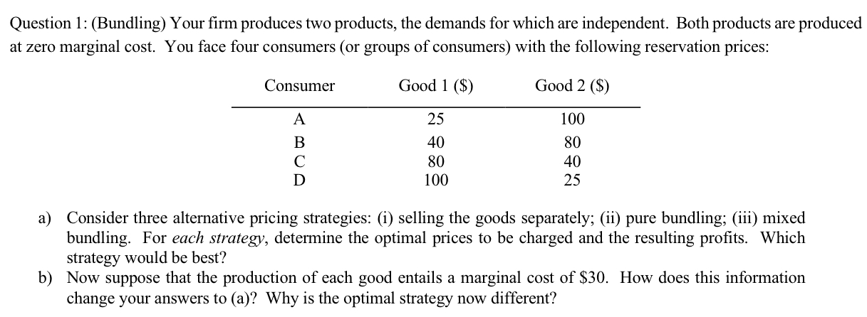 Solved Question 1: (Bundling) ﻿Your firm produces two | Chegg.com