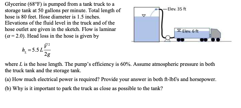 Solved Glycerine (68∘F) is pumped from a tank truck to a | Chegg.com
